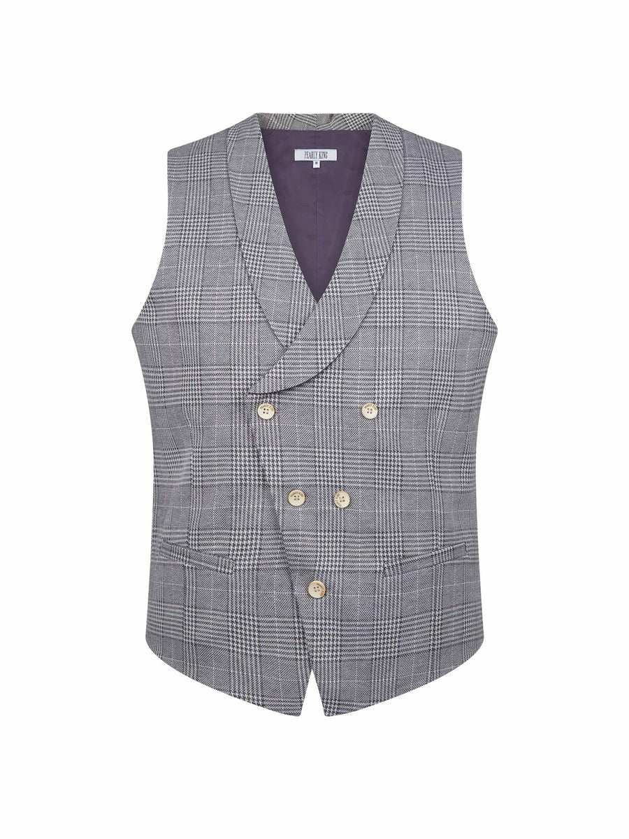 Edge Washed Grey Check Mens Double Breasted Waistcoat | Pearly King