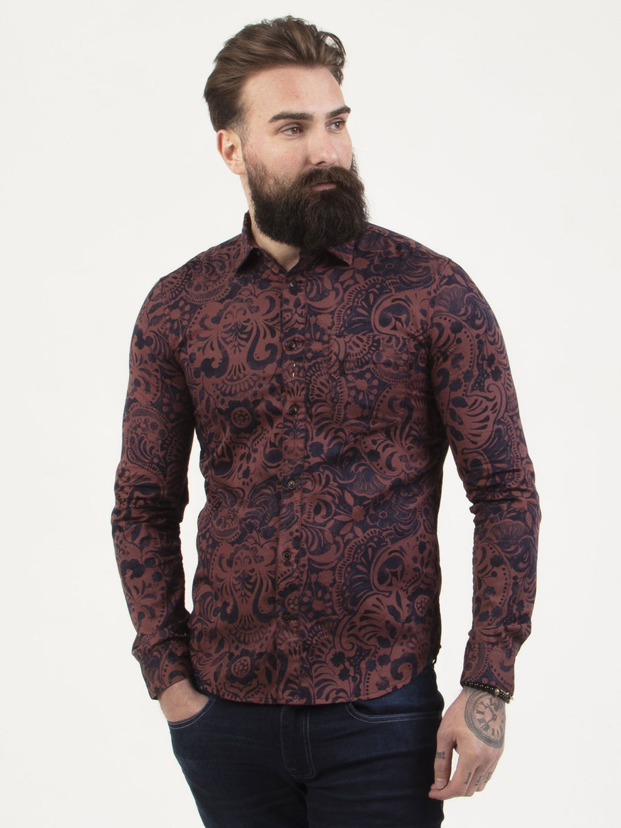Cotton abstract floral print zane long sleeve shirt in burgundy ...
