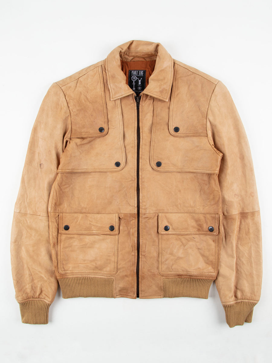 Regular Fit Strafe Light Beige Mens Leather Jacket | Pearly King