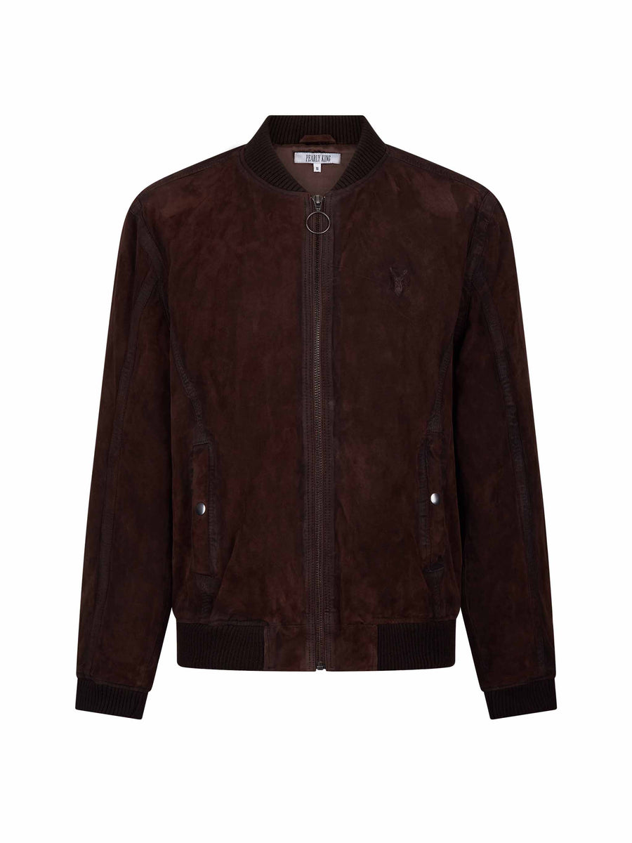 Union Dark Brown Bomber Mens Suede Leather Jacket | Pearly King