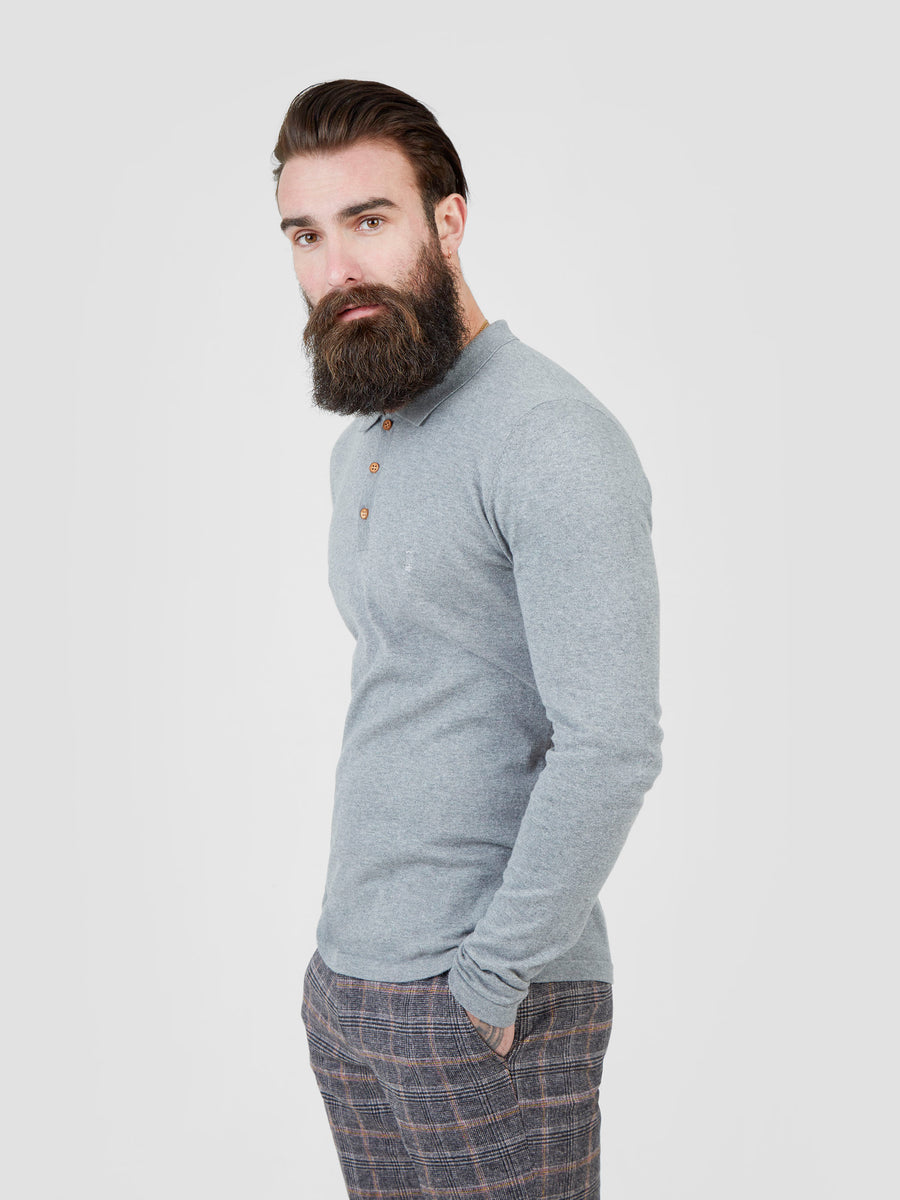 Regular Fit Lure Grey Marl Long Sleeve Knitted Polo Shirt | Pearly King